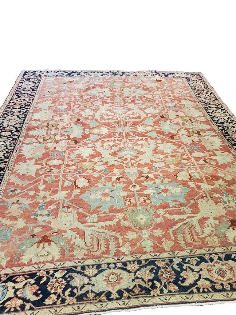 Antique Serapi Rug, Faded Red and Blue with Navy Border For Sale at 1stDibs