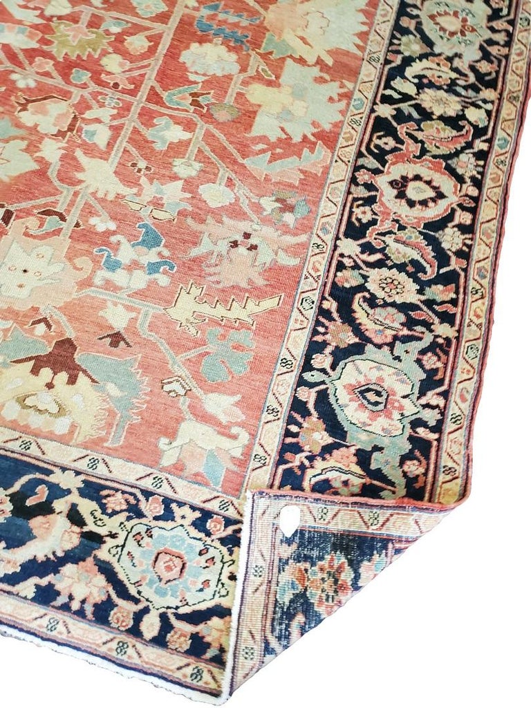 Antique Serapi Rug, Faded Red and Blue with Navy Border For Sale at 1stDibs