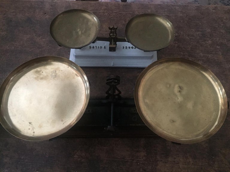 Antique Set 2 Brass Scale, Balance, with Weights, Ceramic and Bronze ...