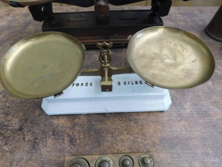 Antique Set 2 Brass Scale, Balance, with Weights, Ceramic and Bronze ...