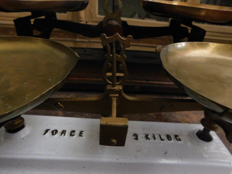 Antique Set 2 Brass Scale, Balance, with Weights, Ceramic and Bronze ...