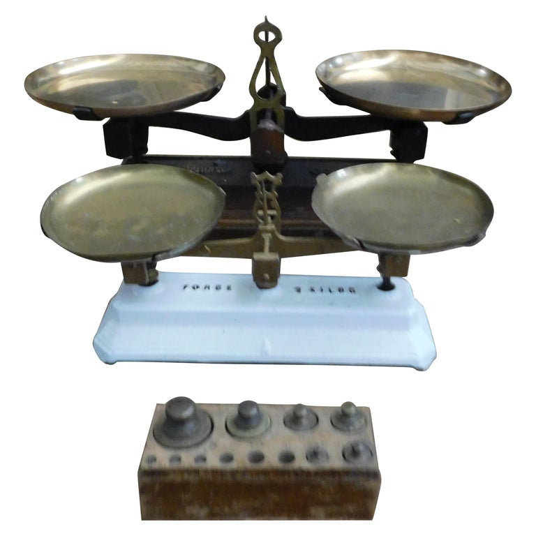 Antique Set 2 Brass Scale, Balance, with Weights, Ceramic and Bronze ...