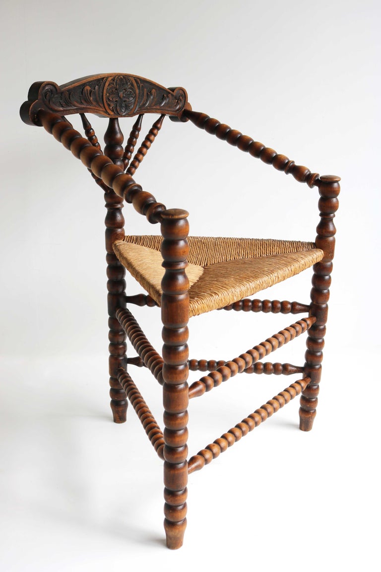 Antique Set, Dutch Triangular Rush Seat Bobbin Corner Chair with Side ...