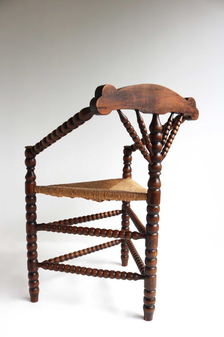 Antique Set, Dutch Triangular Rush Seat Bobbin Corner Chair with Side ...