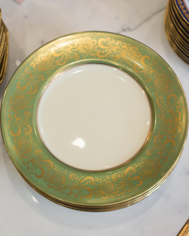 Antique Set of 10 Green and Gold Cauldon Dinner Plates for Reizenstein ...