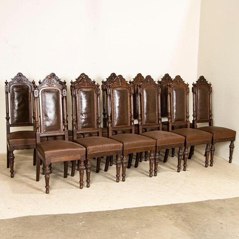Antique Set of 12 High Back Oak Brown Leather Dining Chairs with Carved ...