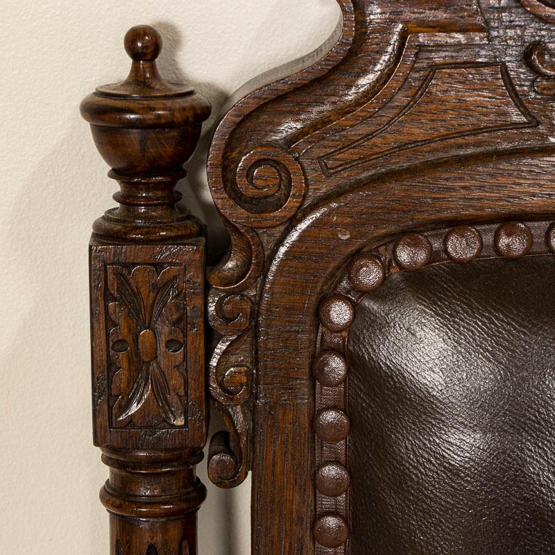Antique Set of 12 High Back Oak Brown Leather Dining Chairs with Carved ...