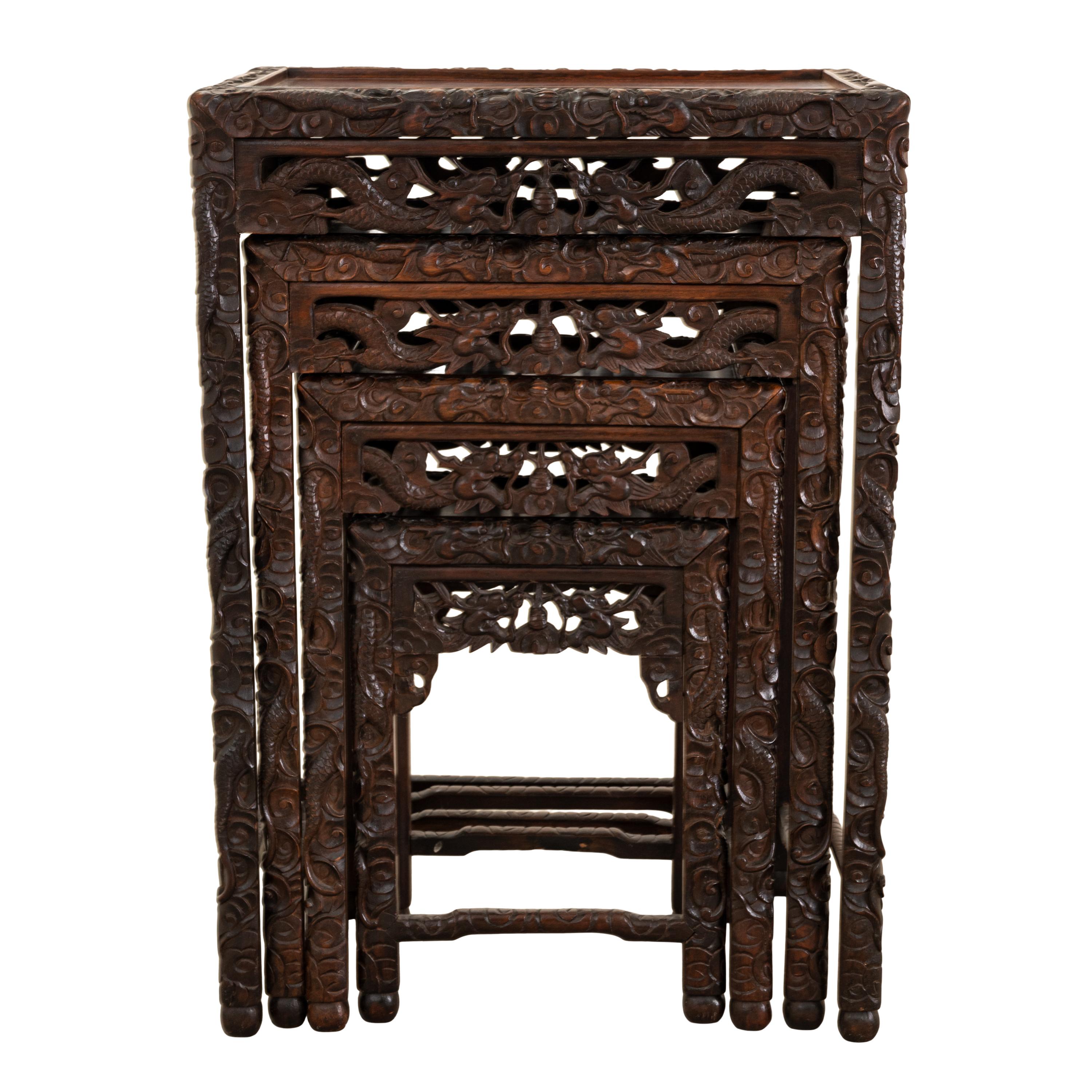 Antique Set of 4 Chinese Qing Dynasty Rosewood Carved Dragon Nesting ...