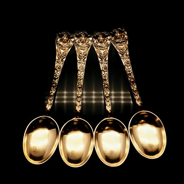 Antique Set of 4 Solid Silver Gilt Spoons Highly Embossed, Henry ...