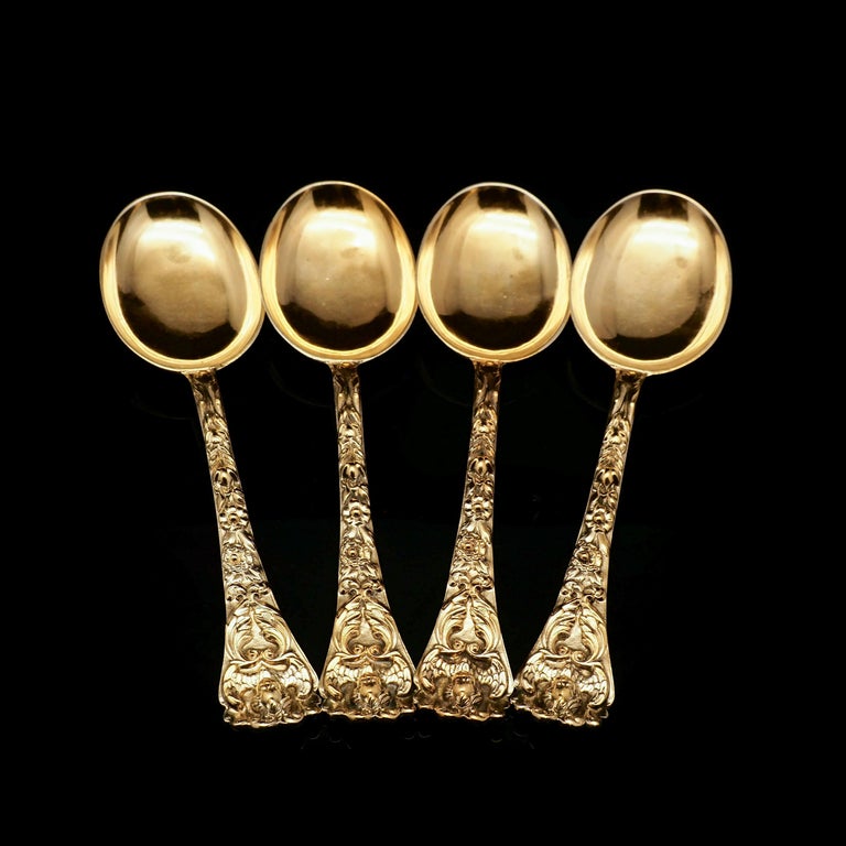 Antique Set of 4 Solid Silver Gilt Spoons Highly Embossed, Henry ...