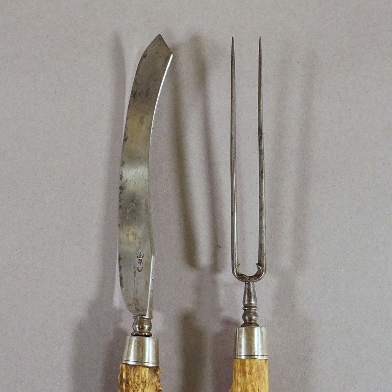 Antique Set of Rustic Carter Cutlery with Carved Horn Handles 18th For Sale at 1stDibs