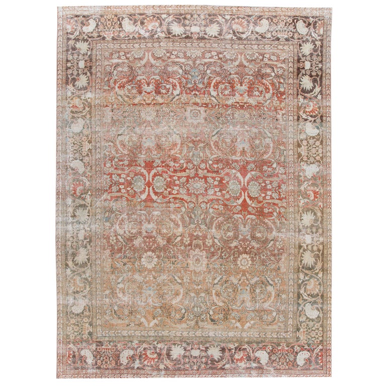 Antique Shabby Chic Red Mahal Wool Rug For Sale at 1stDibs