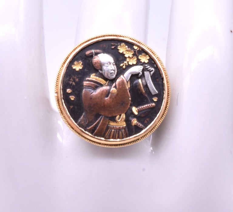 Antique Shakudo Round Ring with Enchanting Scene of Japanese Warrior ...