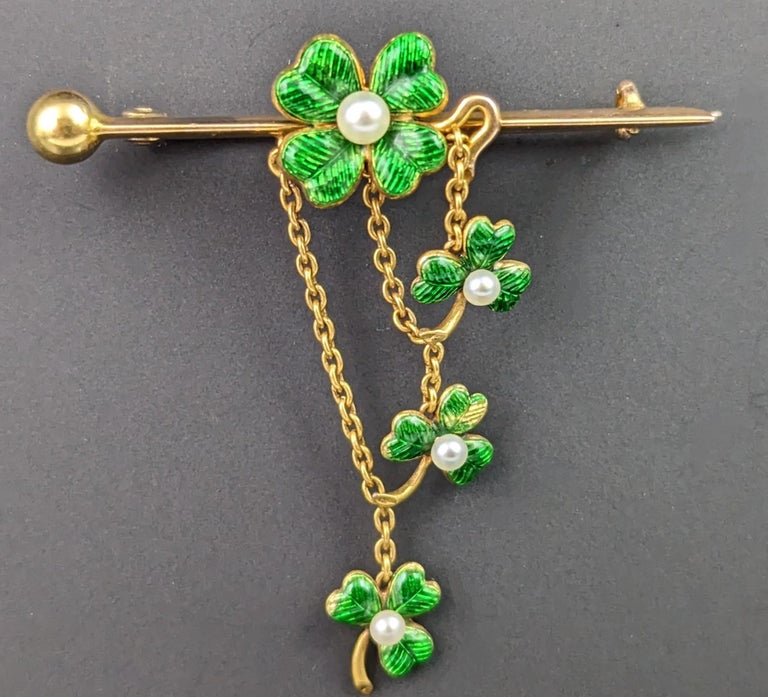 Antique Shamrock brooch, 15k gold, Guilloche enamel and seed pearl For ...