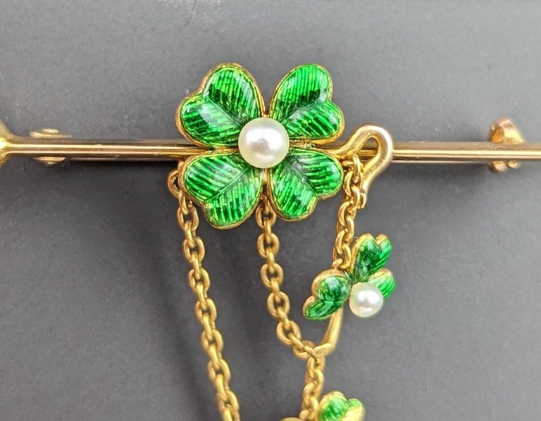 Antique Shamrock brooch, 15k gold, Guilloche enamel and seed pearl For ...