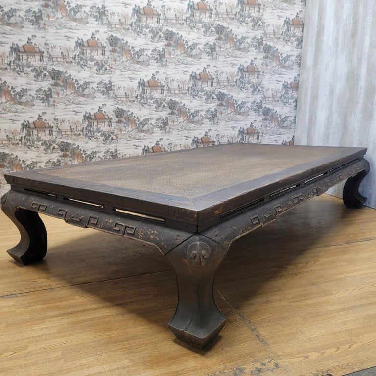 Antique Shanxi Province Elm and Rattan Carved Apron Coffee Table at 1stDibs