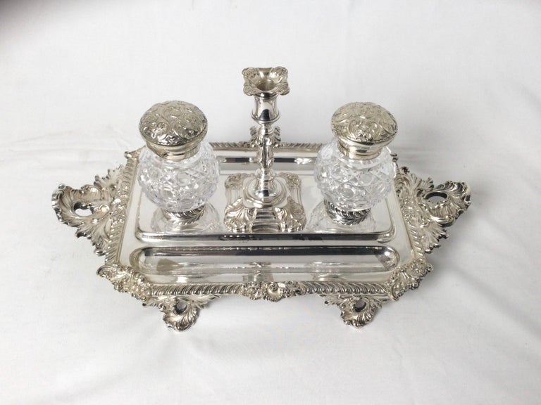 Antique Sheffield England Double Inkwell Stand For Sale at 1stDibs
