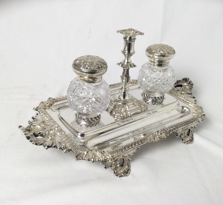 Antique Sheffield England Double Inkwell Stand For Sale at 1stDibs