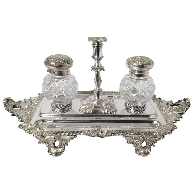 Antique Sheffield England Double Inkwell Stand For Sale at 1stDibs