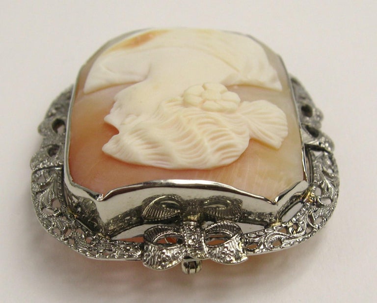 Antique Shell Cameo White Gold Brooch Pendant Bows For Sale at 1stDibs