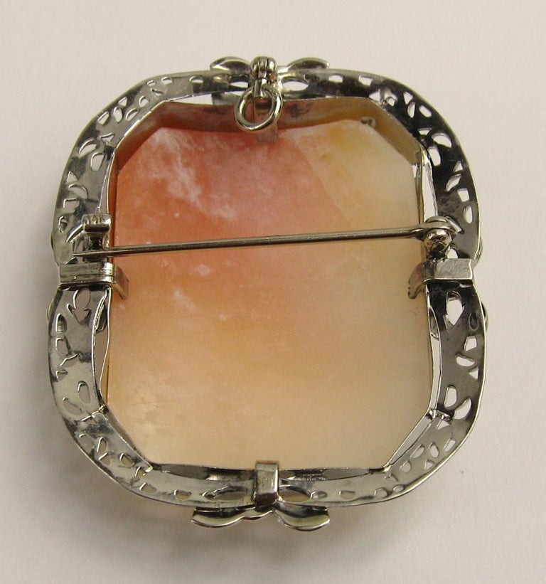 Antique Shell Cameo White Gold Brooch Pendant Bows For Sale at 1stDibs