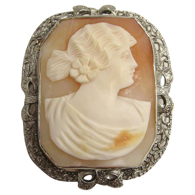 Antique Shell Cameo White Gold Brooch Pendant Bows For Sale at 1stDibs