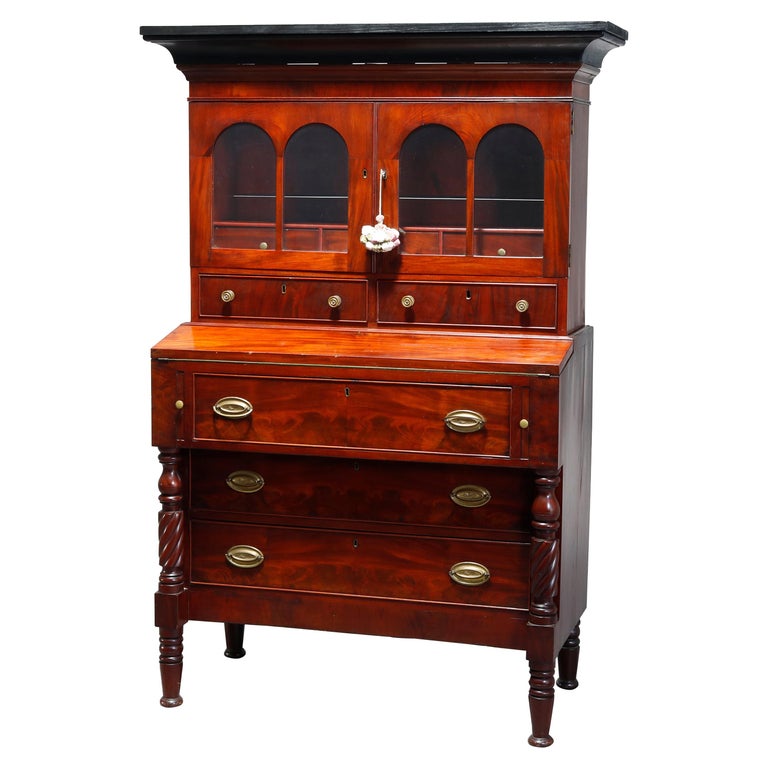 Antique Sheraton Flame Mahogany Step Back Secretary Desk, Circa 1830 at ...