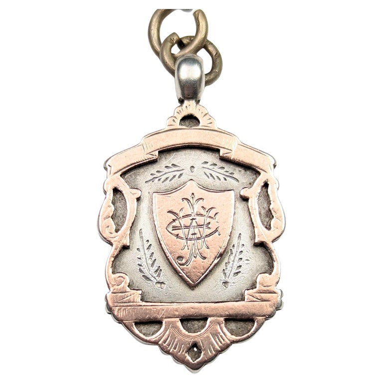 Antique shield fob pendant, silver and 9k rose gold, Edwardian For Sale ...
