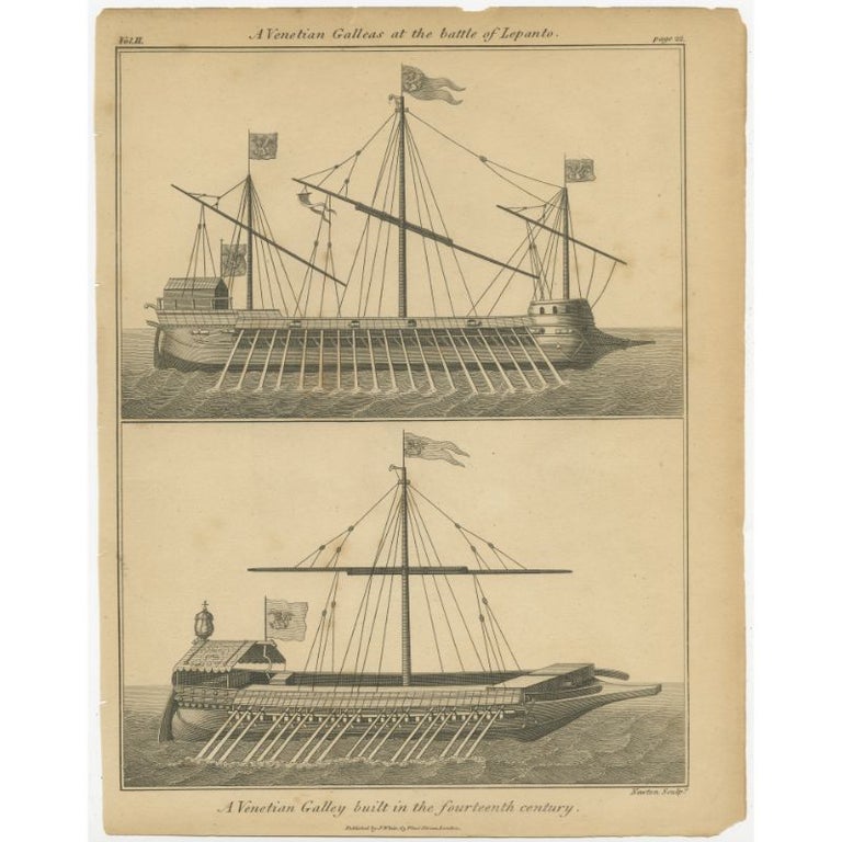 Antique Ship Print of a Venetian Galleas and Venetian Galley, 1802 For ...