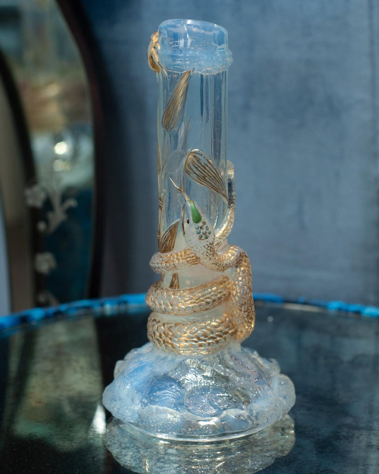 Antique Signed Baccarat Opalescent Crystal Snake Vase with Gilding For ...