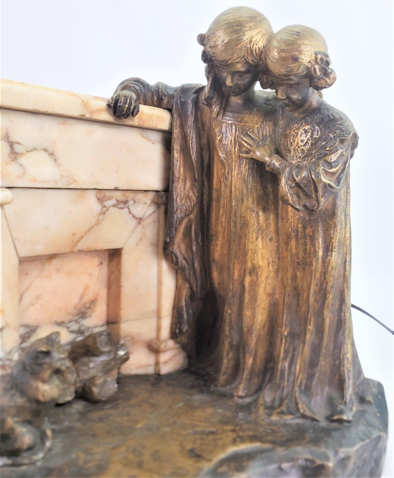 Antique Signed Bronze and Marble Lighted Table Sculpture of a Fireside ...