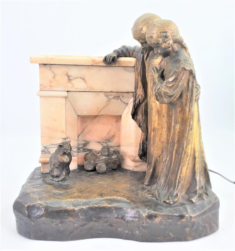 Antique Signed Bronze and Marble Lighted Table Sculpture of a Fireside ...