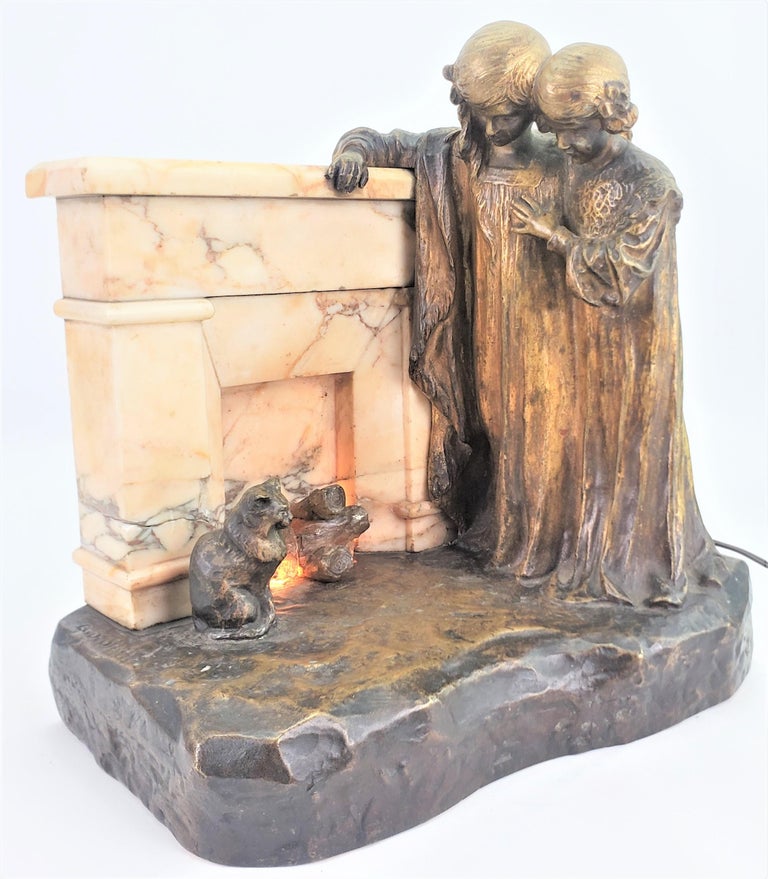 Antique Signed Bronze and Marble Lighted Table Sculpture of a Fireside ...