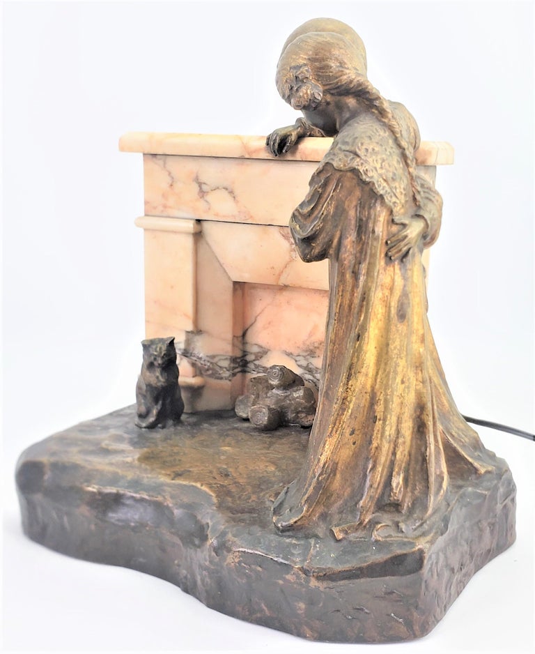 Antique Signed Bronze and Marble Lighted Table Sculpture of a Fireside ...