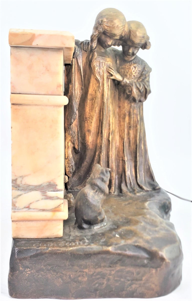 Antique Signed Bronze and Marble Lighted Table Sculpture of a Fireside ...