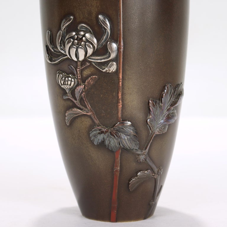 Antique Signed Japanese Bronze Mixed Metals Butterbur Vase by Atsuyoshi ...