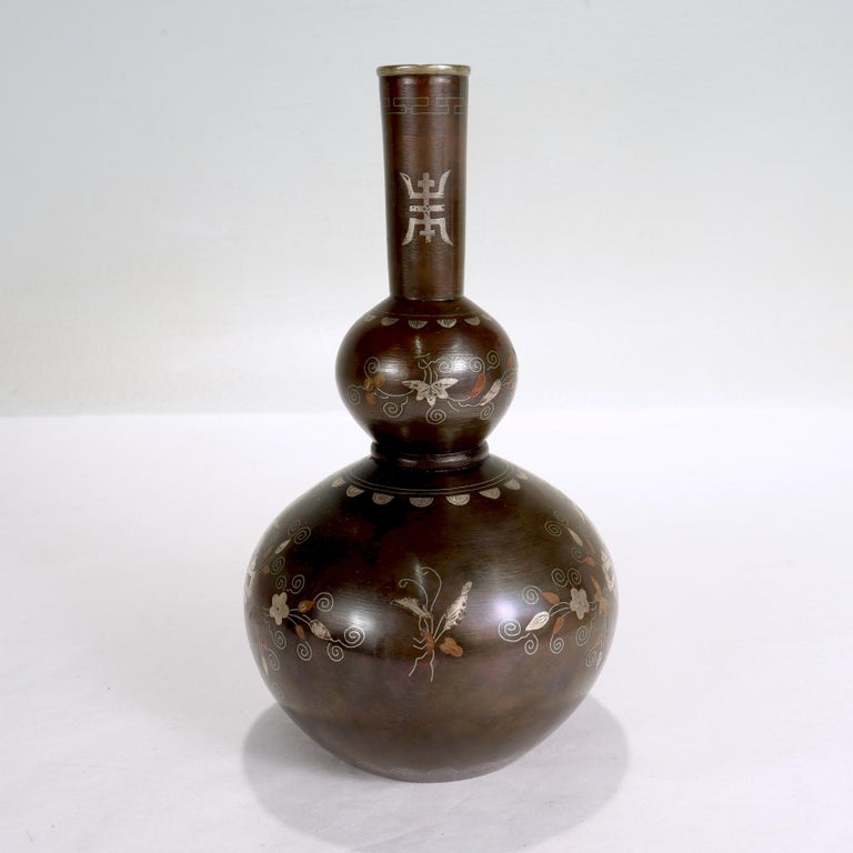 Antique Signed Japanese Meiji Period Mixed Metals Bronze Double Gourd ...