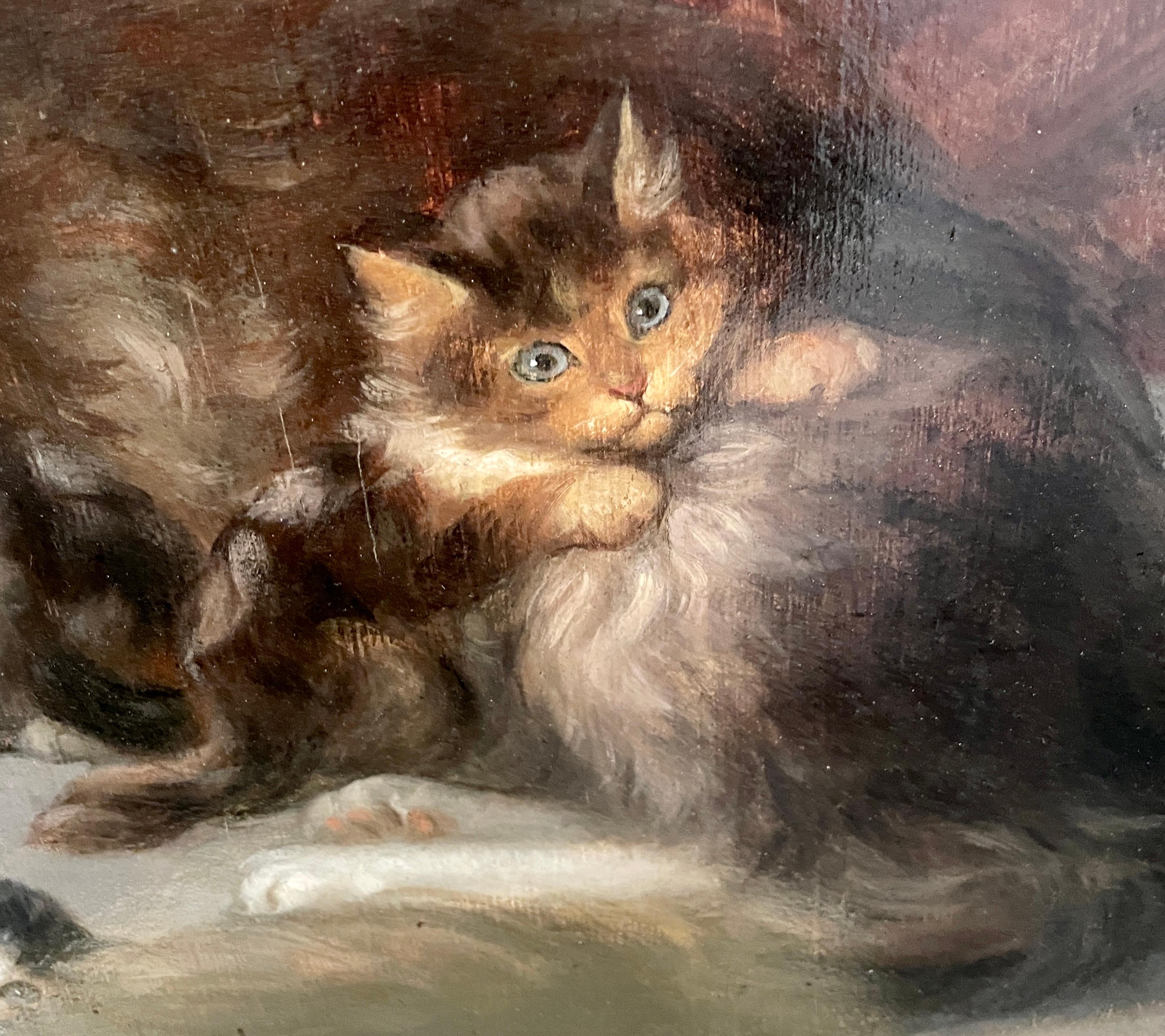 Antique Signed Oil on Canvas Painting "Mamma Cat and Kittens" in ...