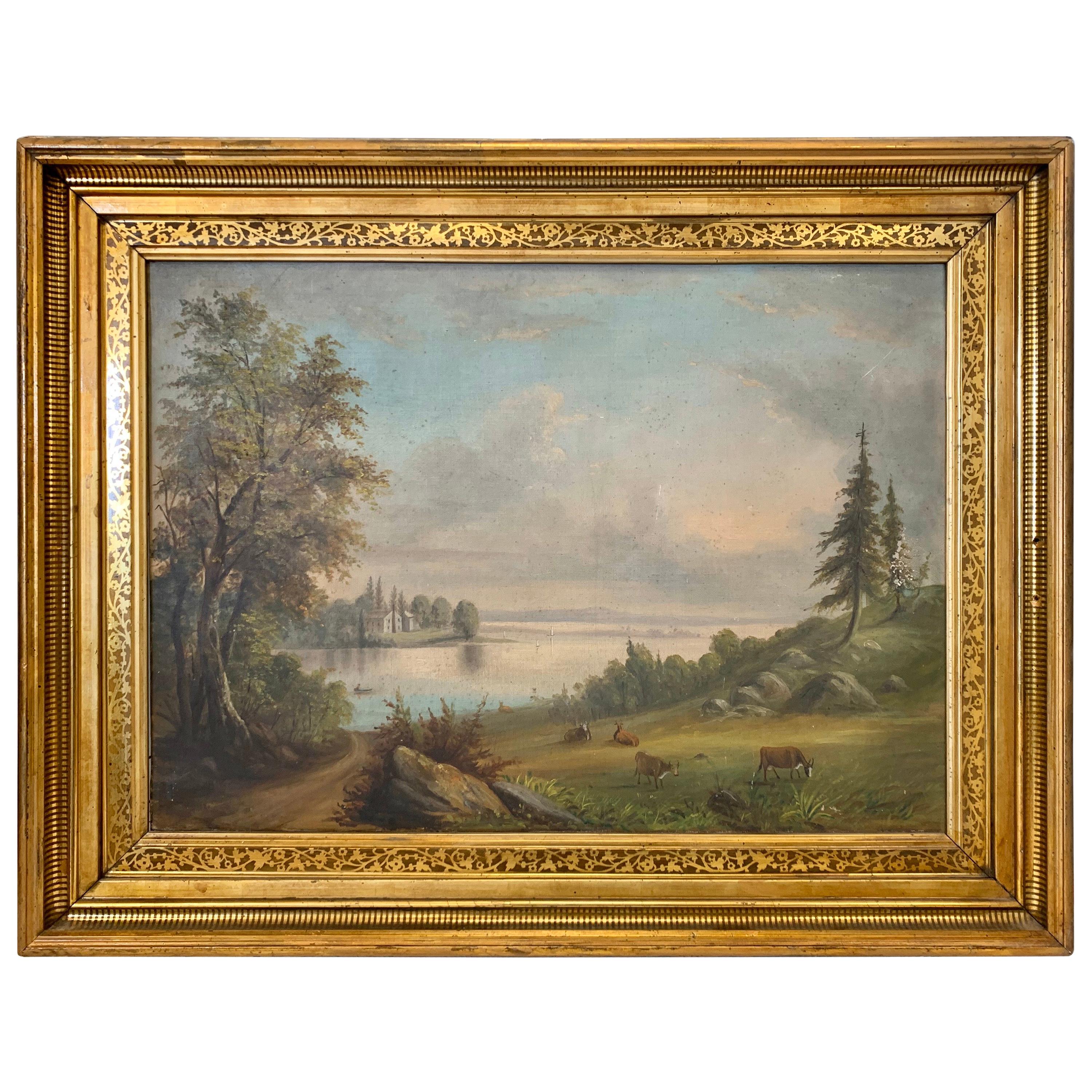 Antique Signed Original Landscape Painting Depicting an Open Field and ...