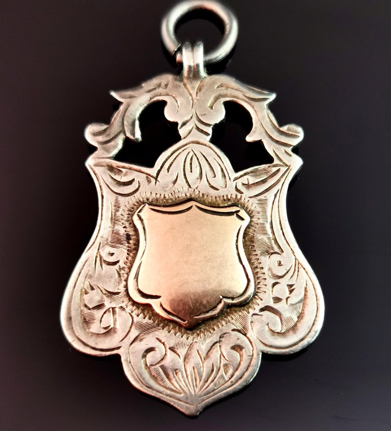 Antique Silver and Rose Gold Shield Fob Pendant, Art Deco at 1stDibs