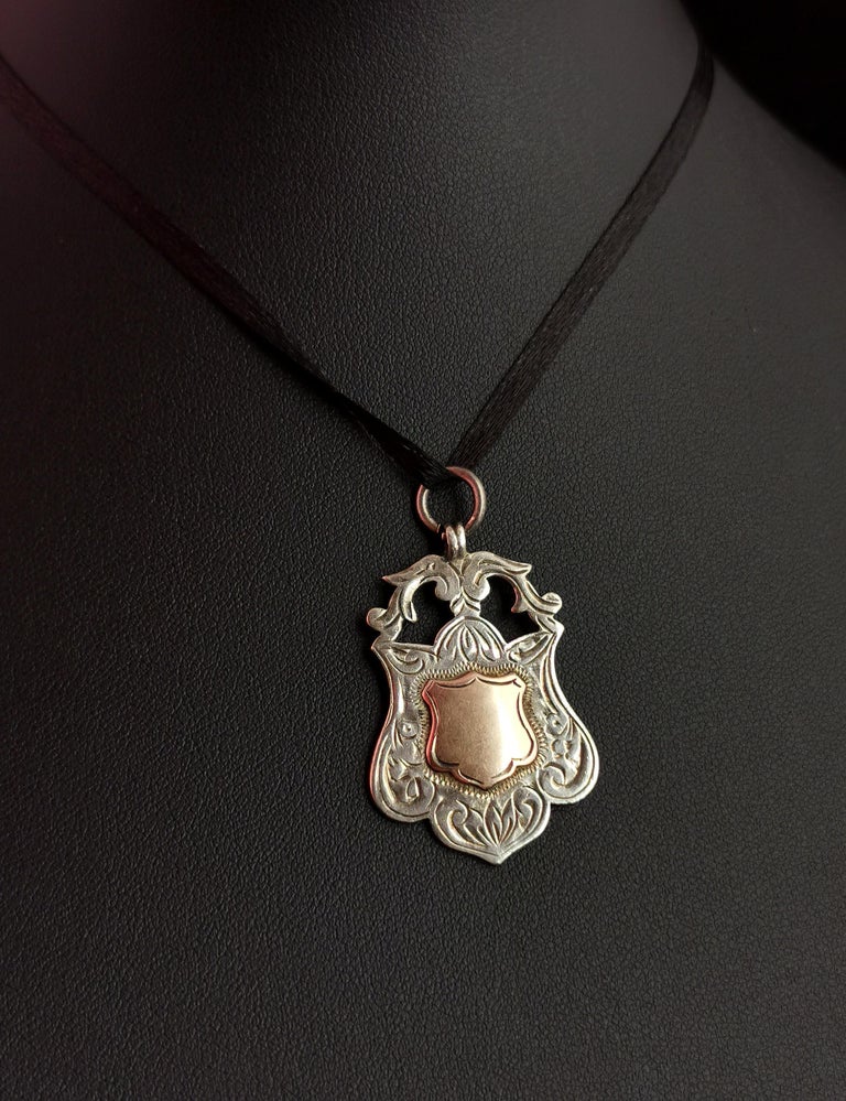 Antique Silver and Rose Gold Shield Fob Pendant, Art Deco at 1stDibs