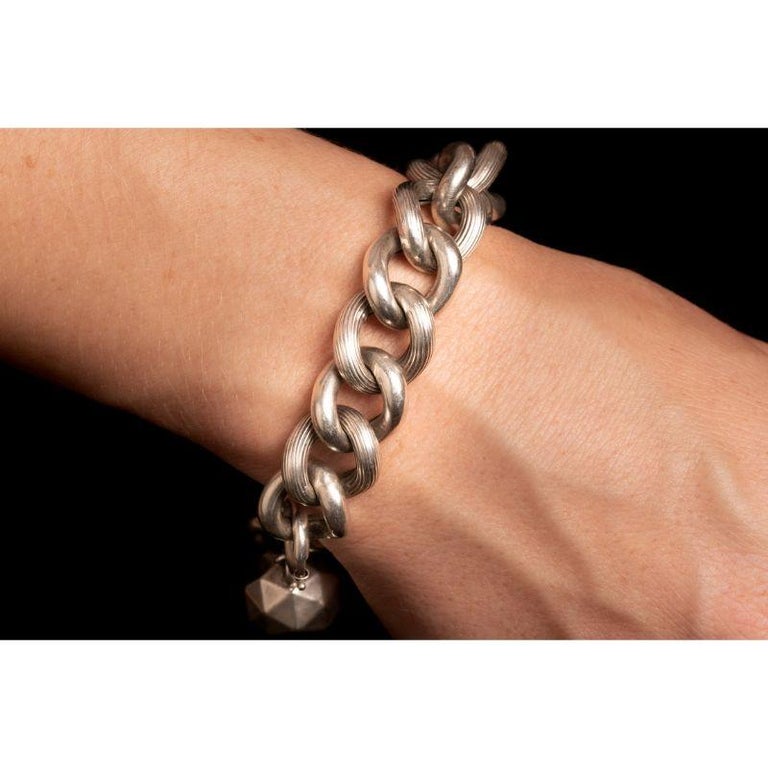 Antique Silver Chunky Chain Bracelet, Victorian Charm Thick Chain ...