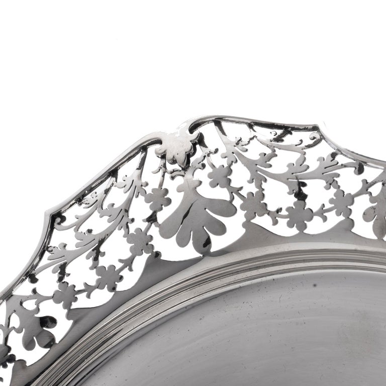 Antique Silver Dish with Pierced Floral Decorated Edges For Sale at 1stDibs