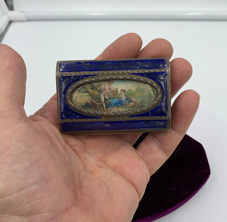 Antique Silver Enamel Box Hand Painted Courting Miniature Bird Cage Dog ...