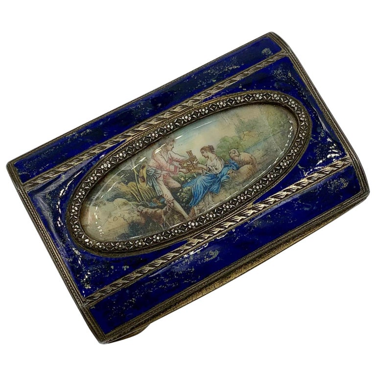Antique Silver Enamel Box Hand Painted Courting Miniature Bird Cage Dog ...