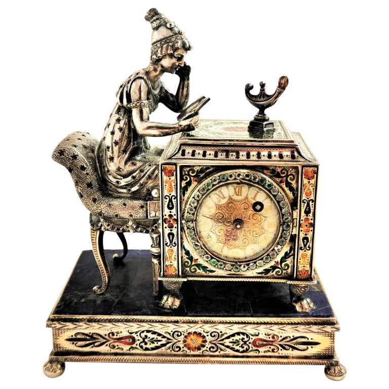 Antique Silver Enamel Clock Vienna Austria Ruby, Sapphire Lady at Desk ...