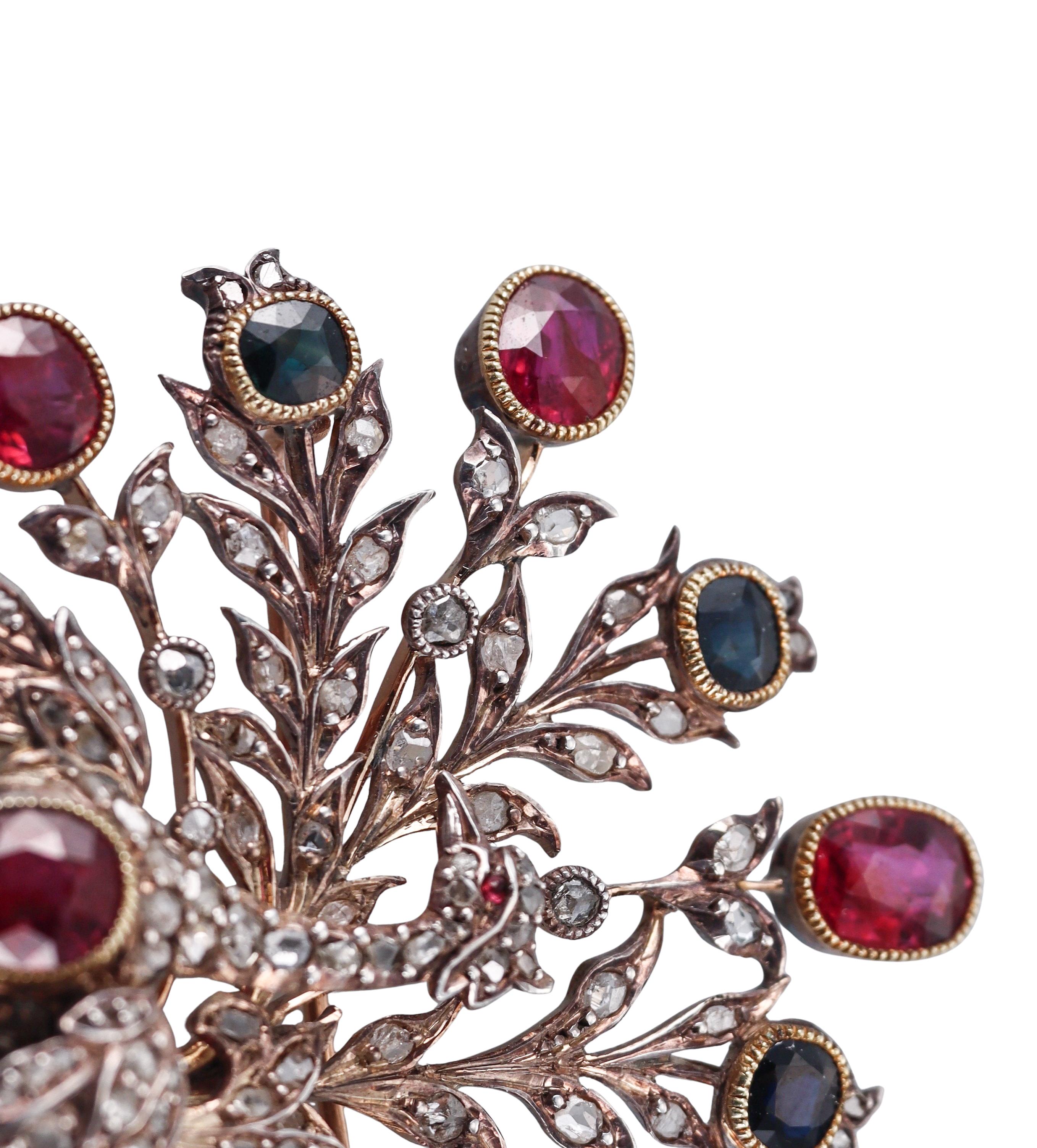 Antique Silver Gold Ruby Sapphire Diamond Peacock Brooch For Sale at ...