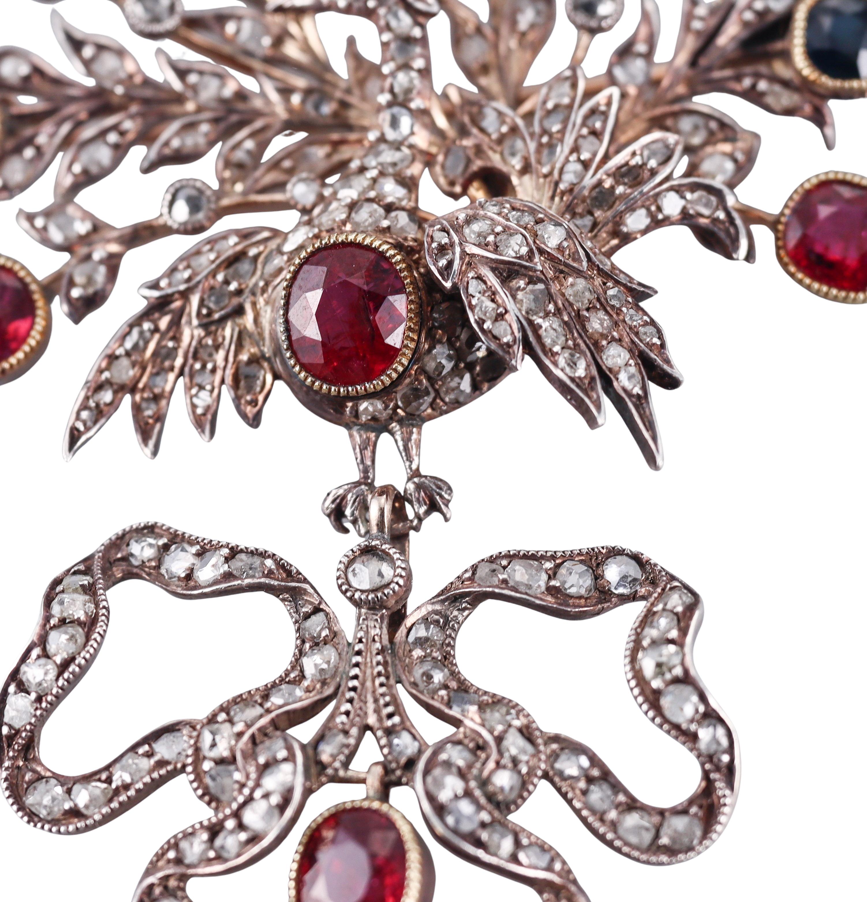 Antique Silver Gold Ruby Sapphire Diamond Peacock Brooch For Sale at ...