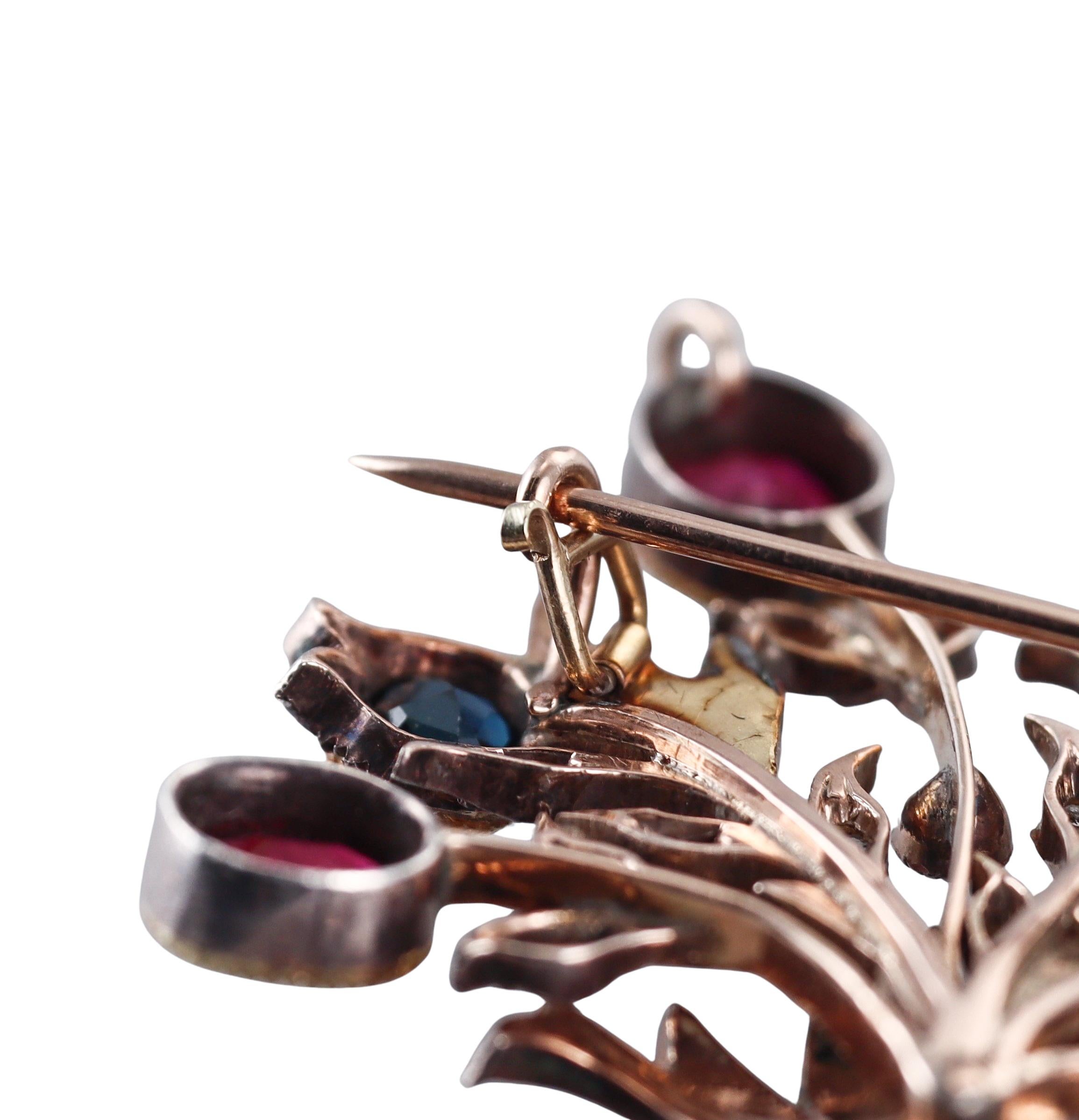 Antique Silver Gold Ruby Sapphire Diamond Peacock Brooch For Sale at ...