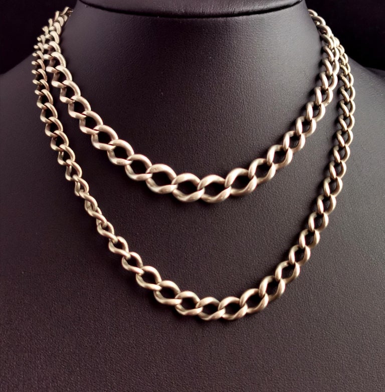 Antique Silver Long Chain Necklace, Curb Link at 1stDibs